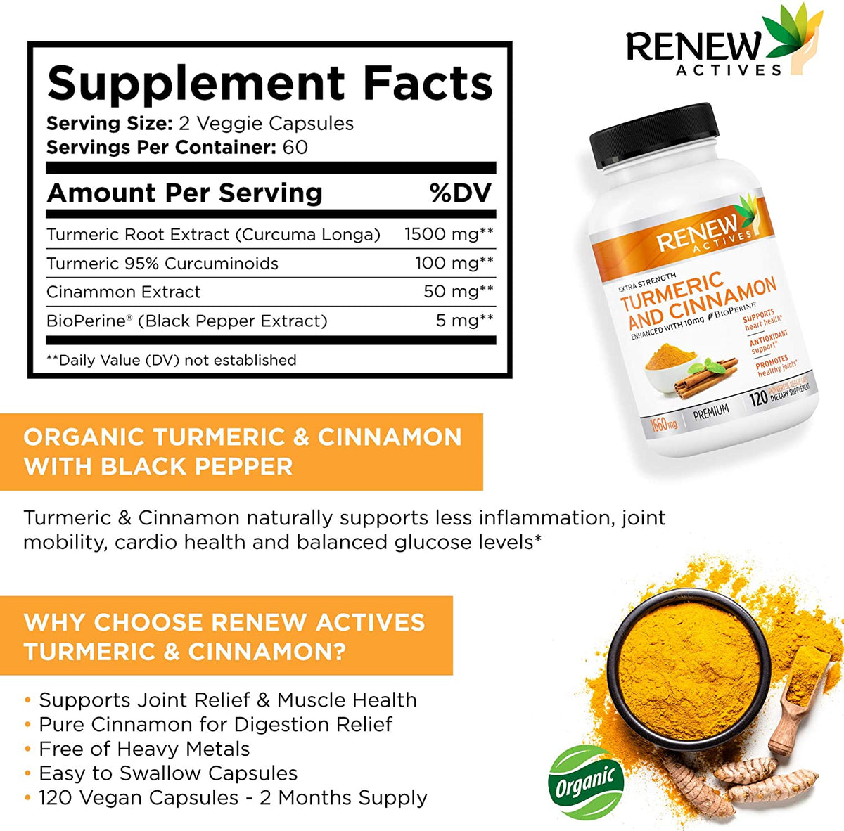 Turmeric Curcumin & Cinnamon - 120 Capsules – Renew Actives US